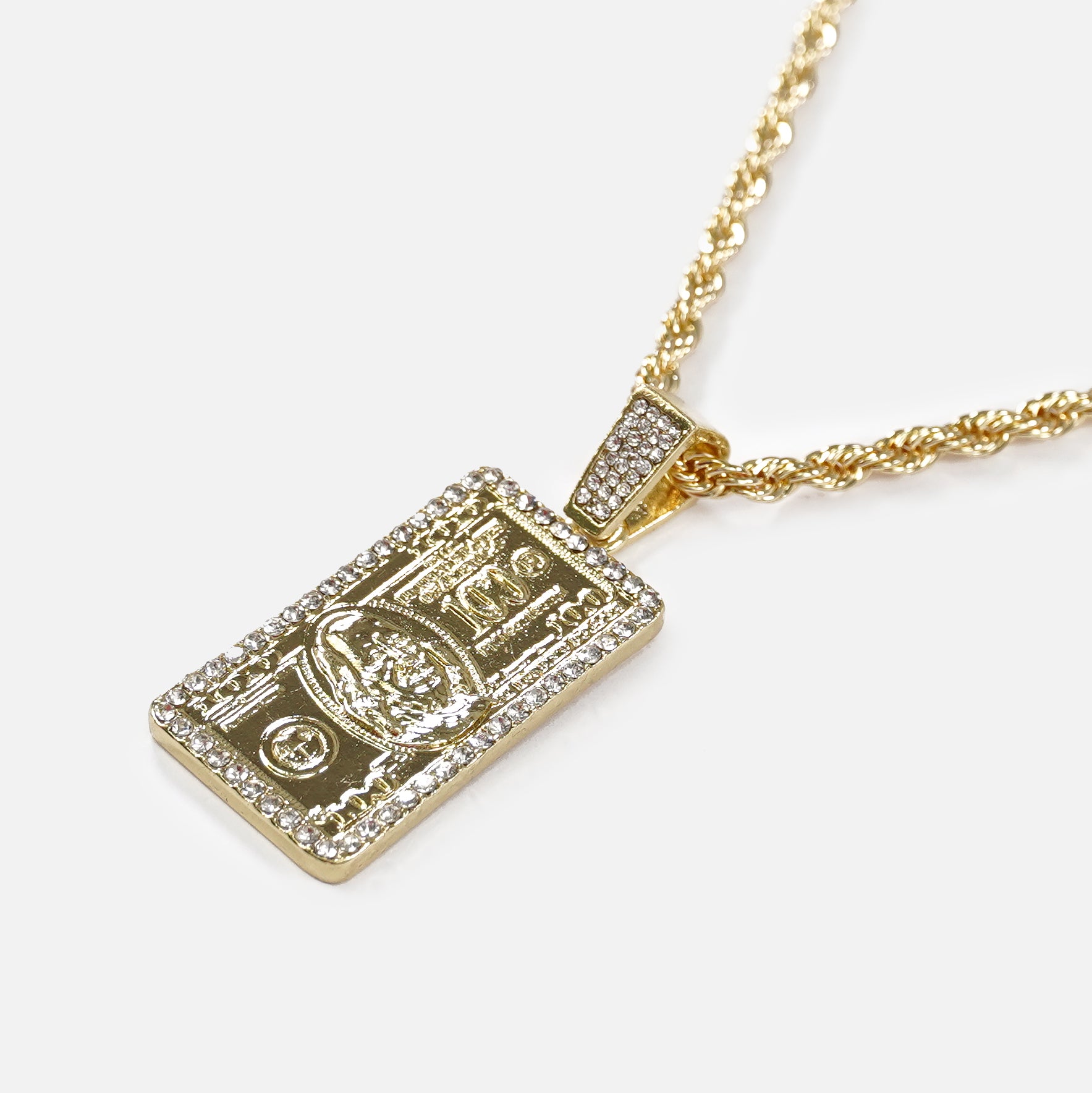 Iced Money Benjamin 1½" Pendant with Chain Necklace - Gold Plated Stai ...
